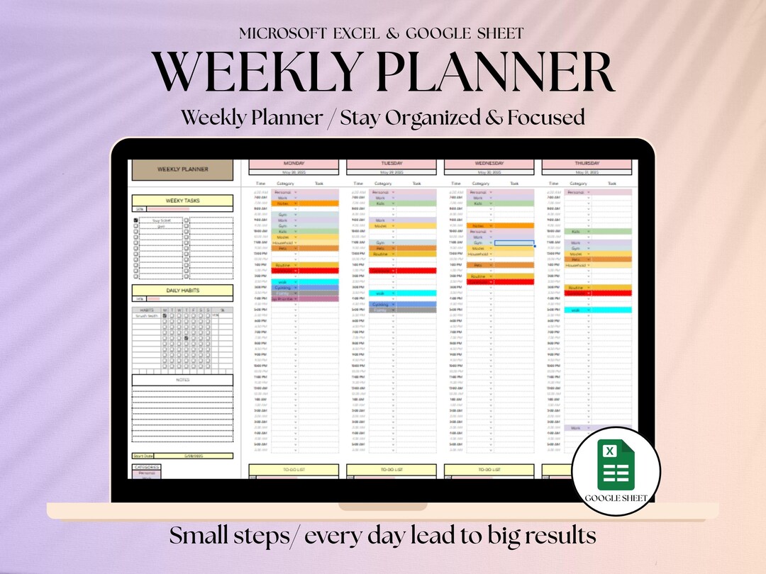 Weekly Planner Google Sheets Template, Task & Habit Tracker (digital ...