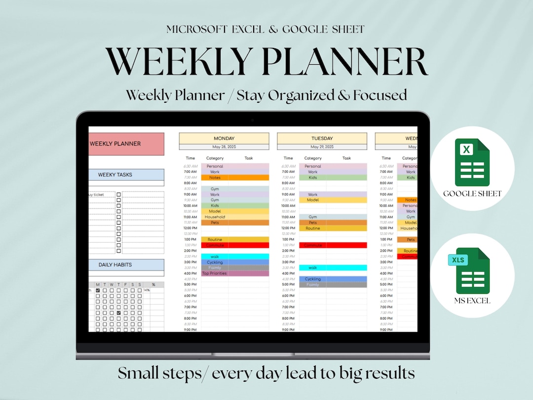 Editable Weekly Schedule Excel Template | Digital Weekly Planner ...