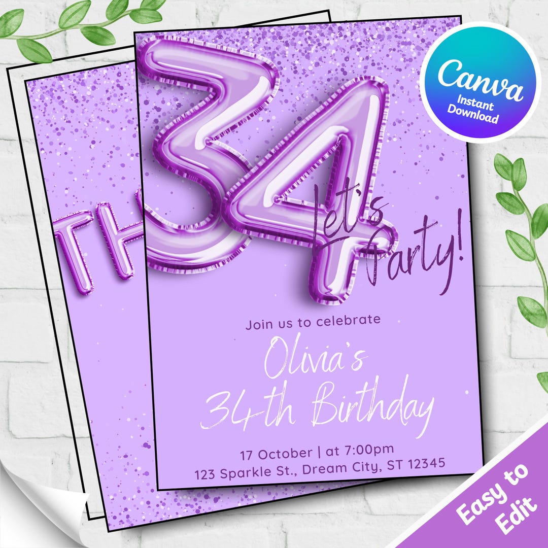 Purple Balloon 34th Birthday Invitation: Editable Canva Template ...
