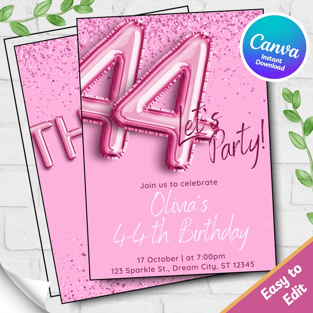 Pink Balloon 44th Birthday Invitation: Editable Confetti Party Card ...