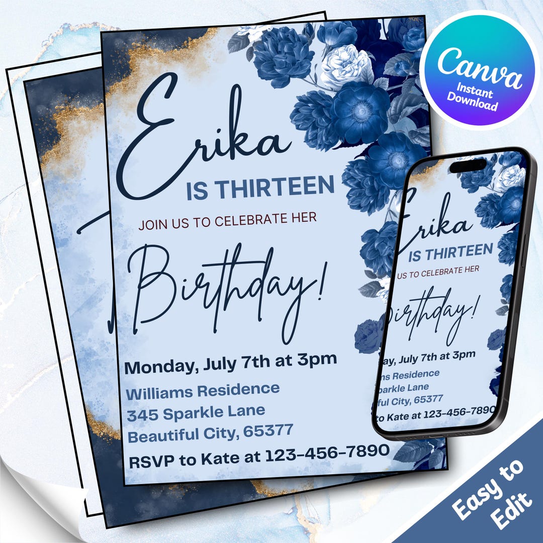 Editable Blue Floral Birthday Invitation Template Printable Blue Flower ...