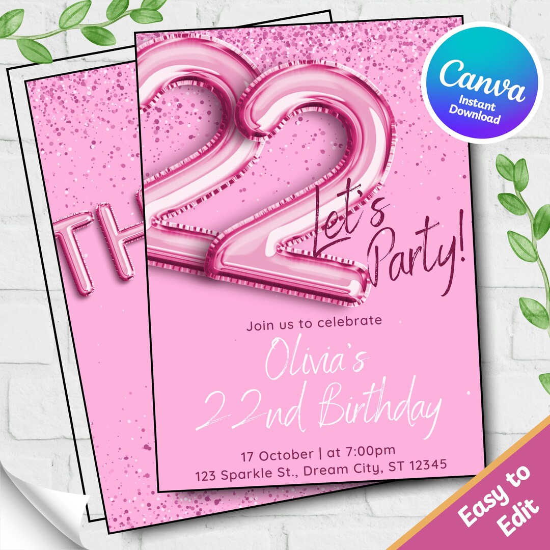 Pink Balloon 22nd Birthday Invitation: Editable Confetti Party Card ...