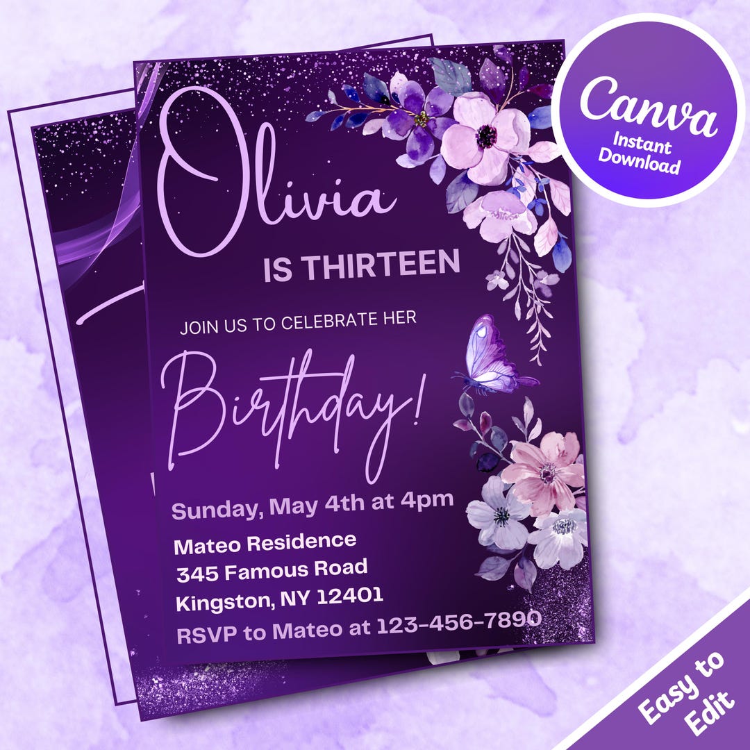 Editable Purple Floral Birthday Invitation Template for Women Printable ...