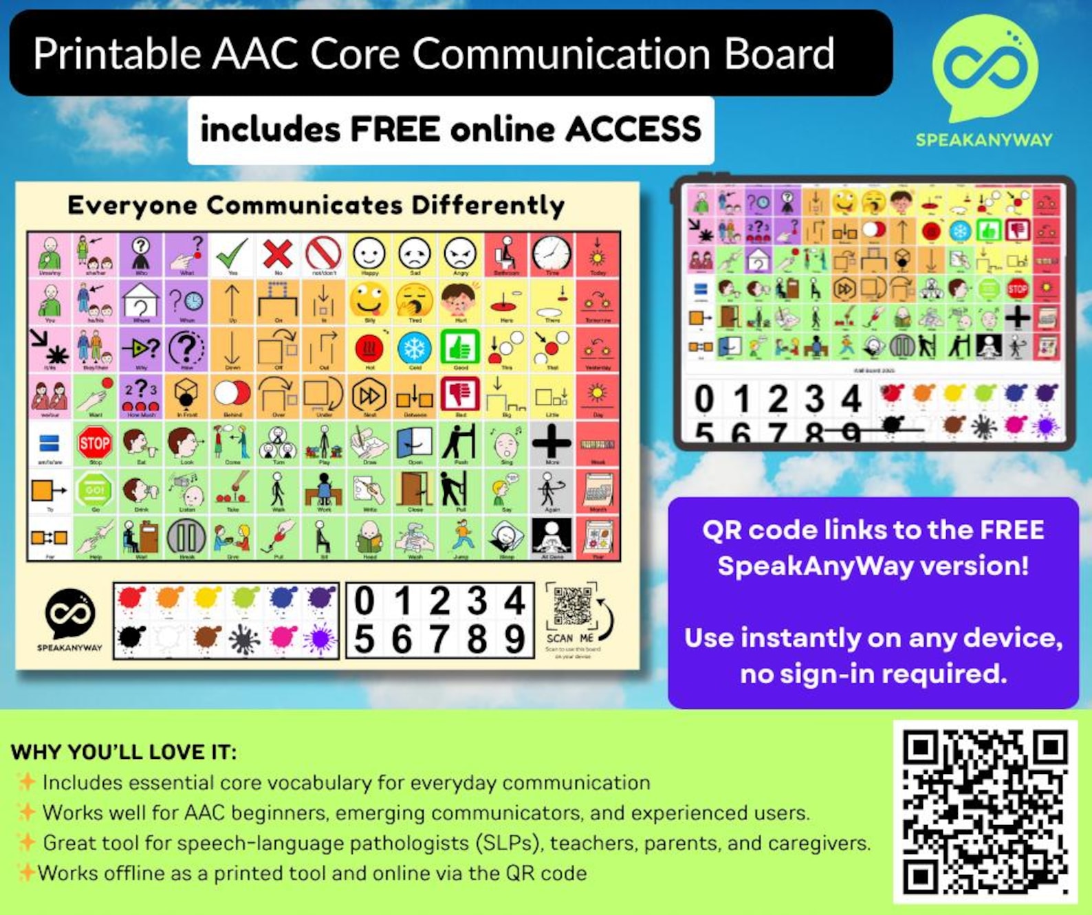 AAC Core Communication Board | Printable Core Vocabulary Board for ...