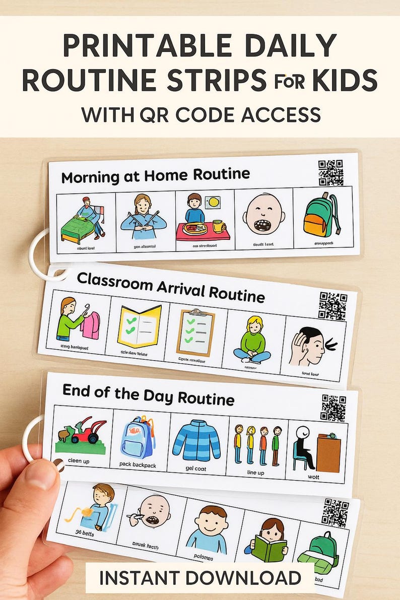 Printable Daily Routine Strips for Kids | Visual Schedule Cards With QR ...