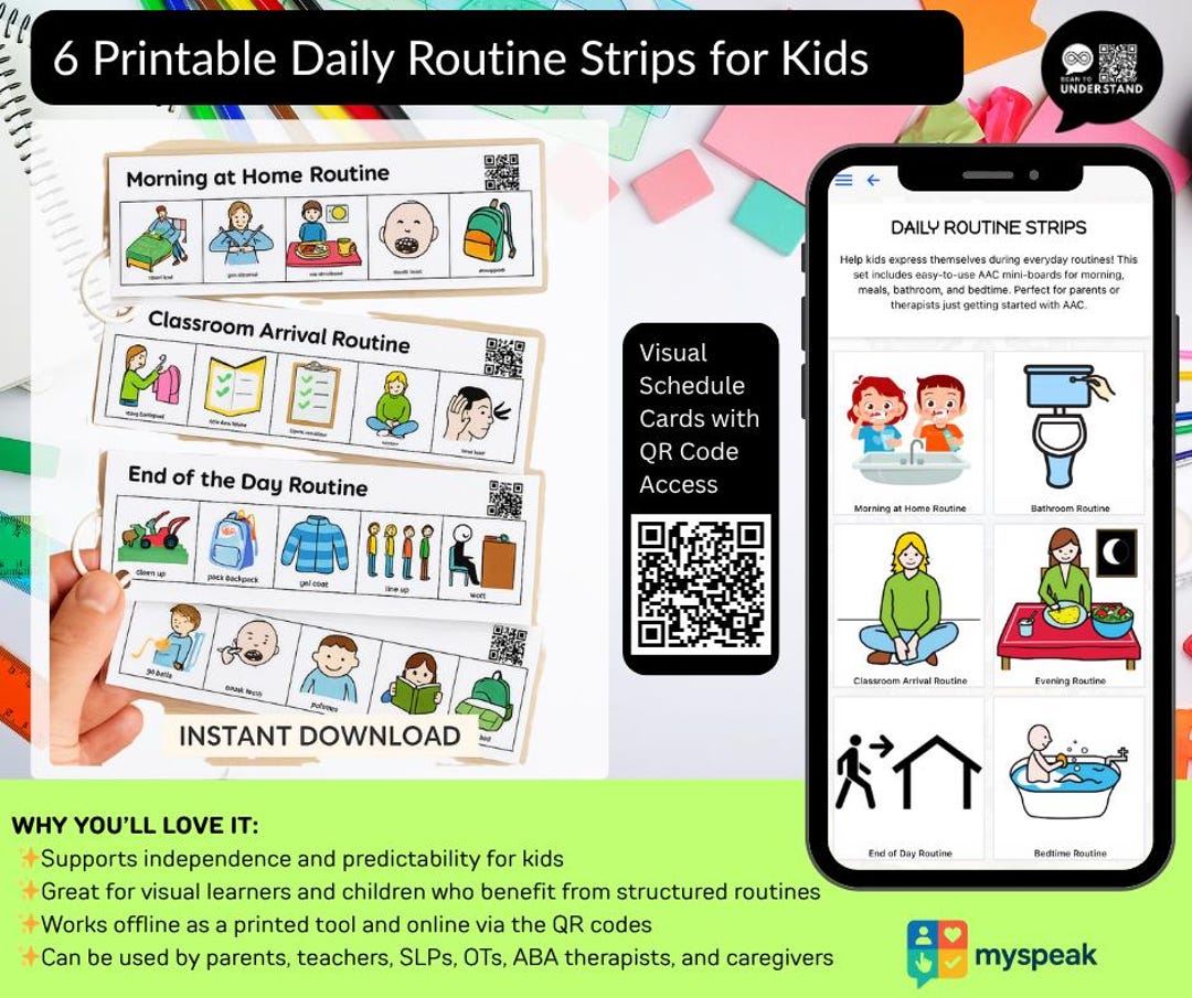 Printable Daily Routine Strips for Kids | Visual Schedule Cards With QR ...