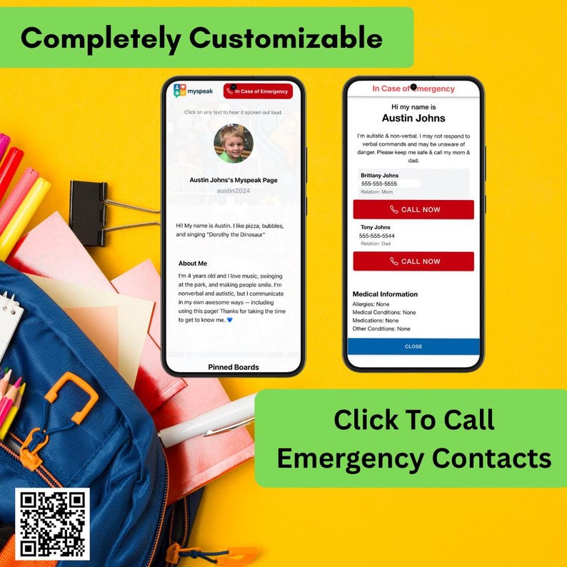 Printable AAC Communication Cards – Emergency QR Code ID Tags (pdf) - Etsy