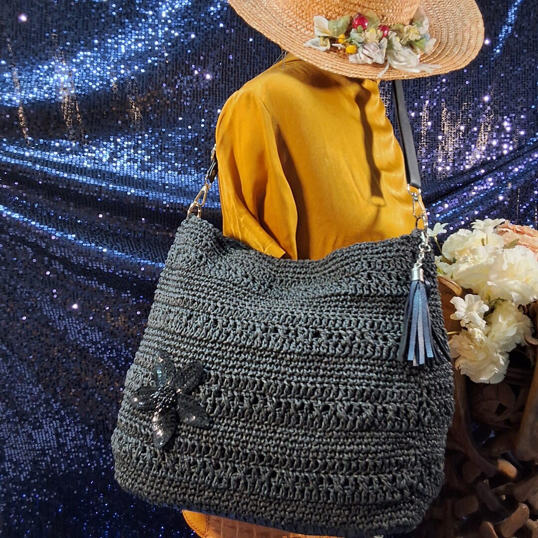 Handmade Black Raffia Shoulder Bag – Crochet Purse With Sequin Flower ...