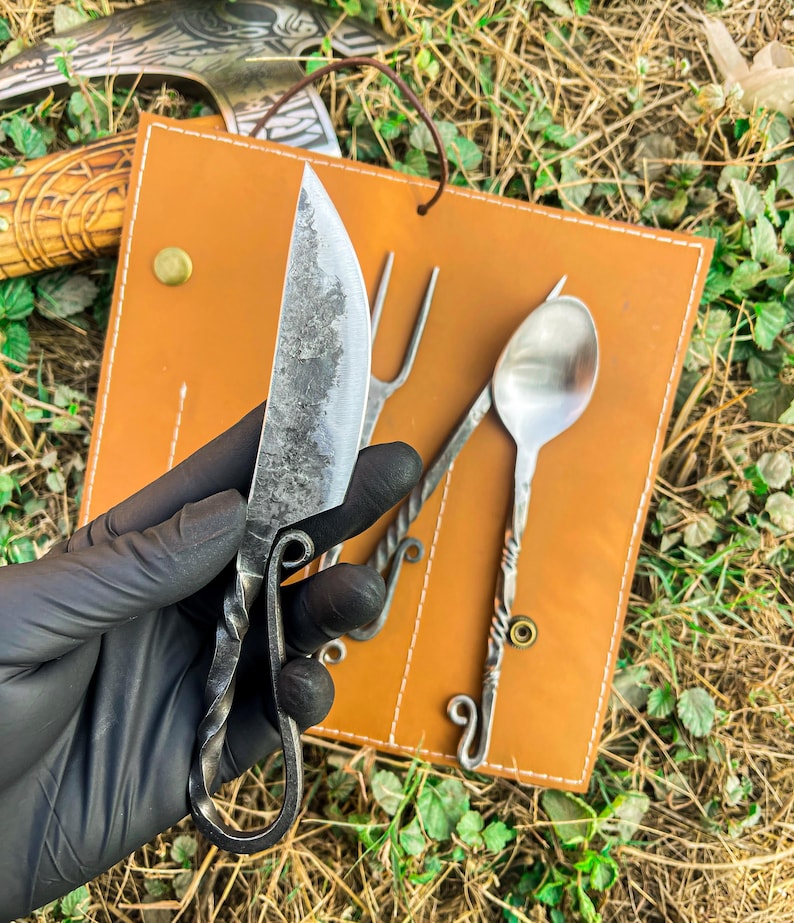Personalized Hand Forged Carbon Steel Viking Cutlery Set | Medieval ...