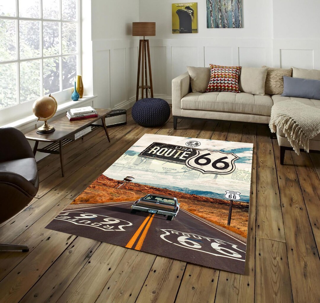 Route 66 Rug, Retro Road, Vintage Car Decor, Highway Theme Rug ...