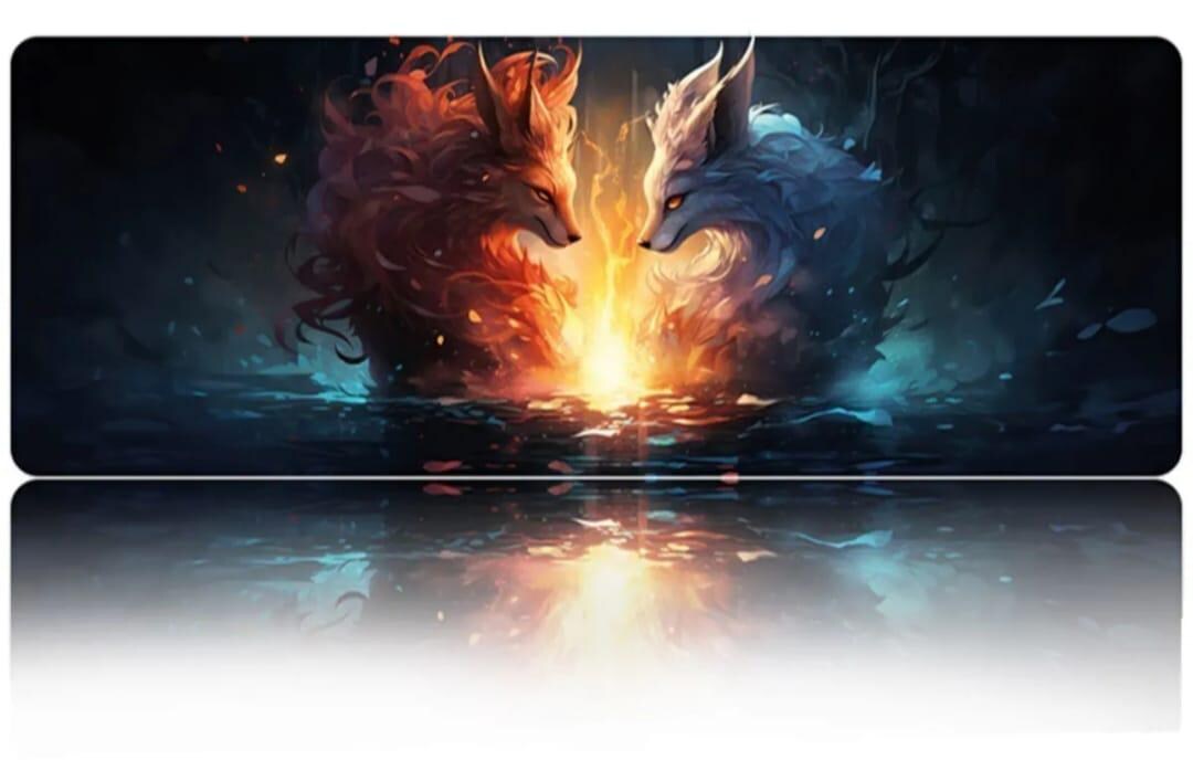 Fire and Ice Mouse Pad, Wolf Desk Mat, Mythical Mousepad, Fantasy Desk ...