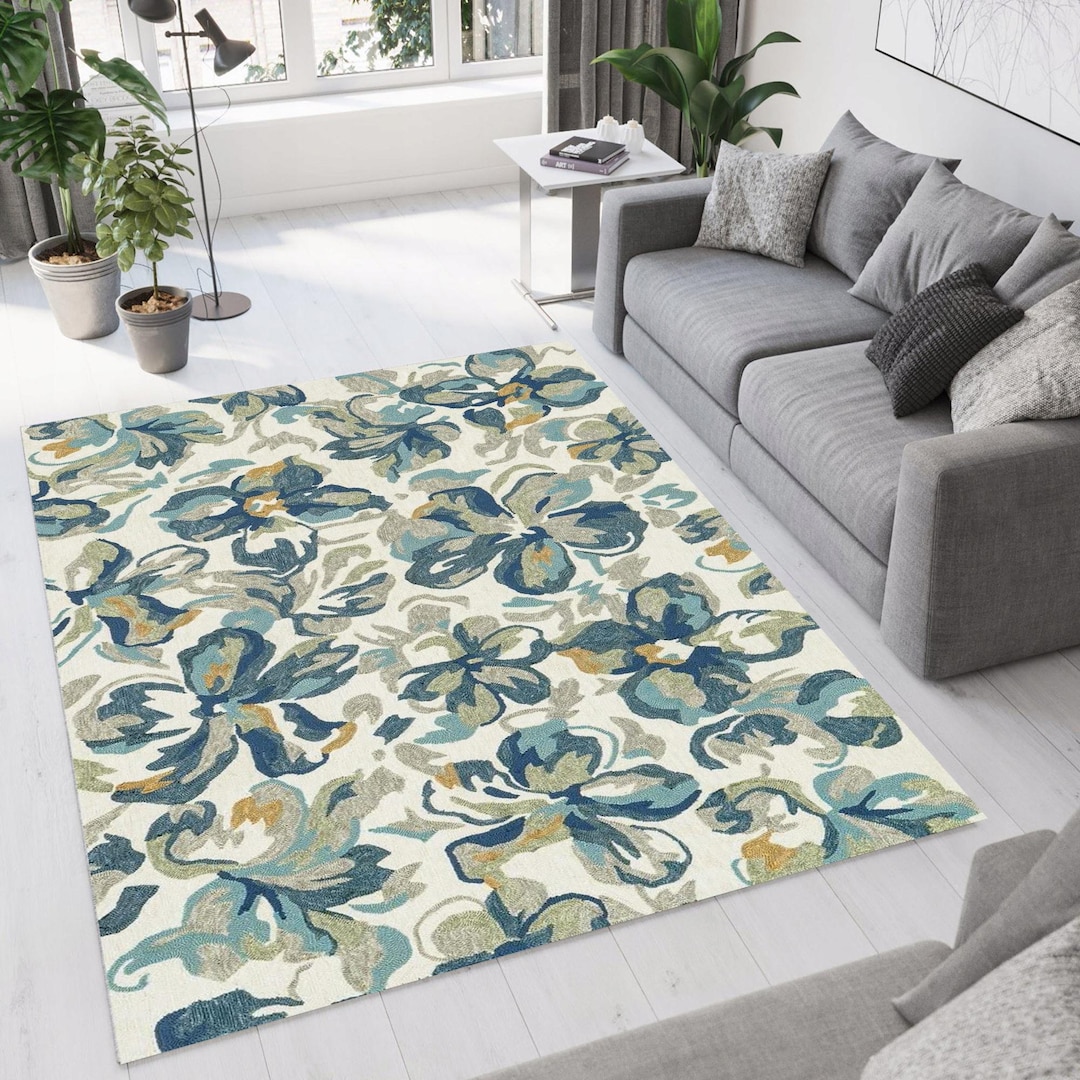 Floral Area Rug, Blue Flower Rug, Botanical Home Decor, Modern Floral ...