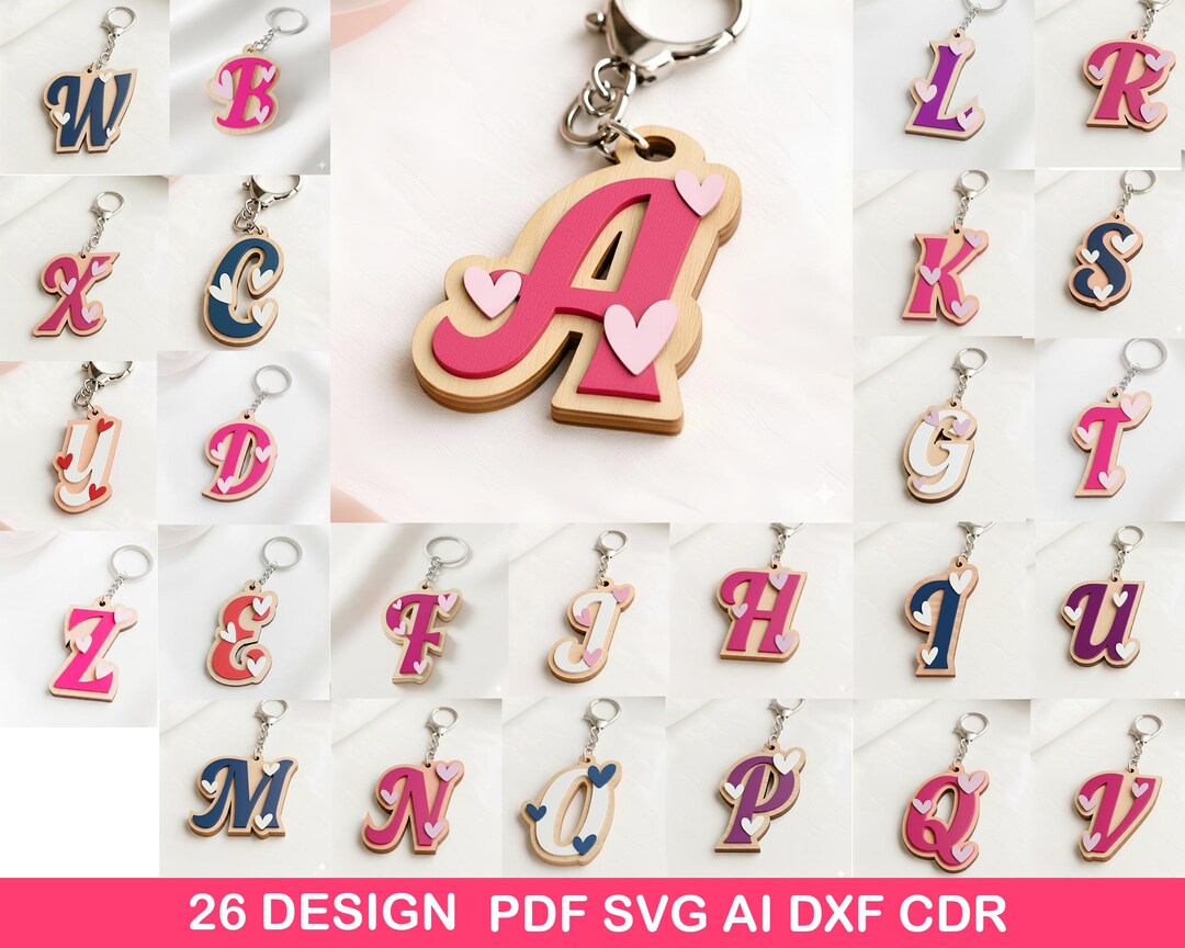 3D Valentine's Day Monogram Keychains Bundle, Letter Key Chain Laser ...
