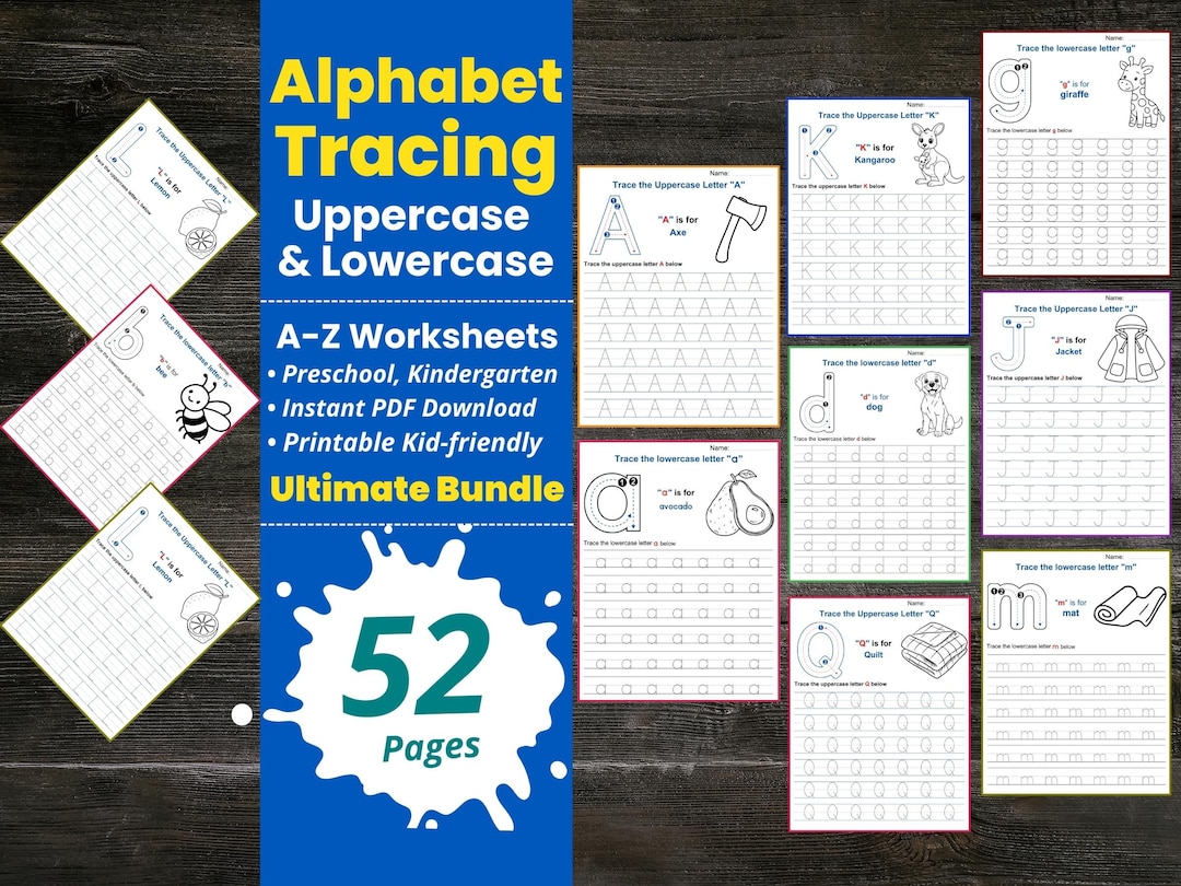 52 Alphabet Tracing Worksheet Printable | Uppercase & Lowercase Letter ...
