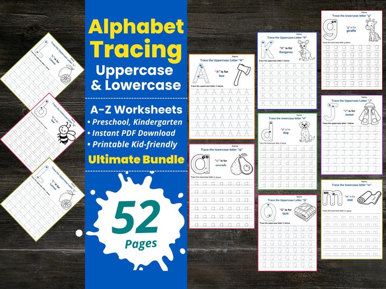52 Alphabet Tracing Worksheet Printable | Uppercase & Lowercase Letter ...