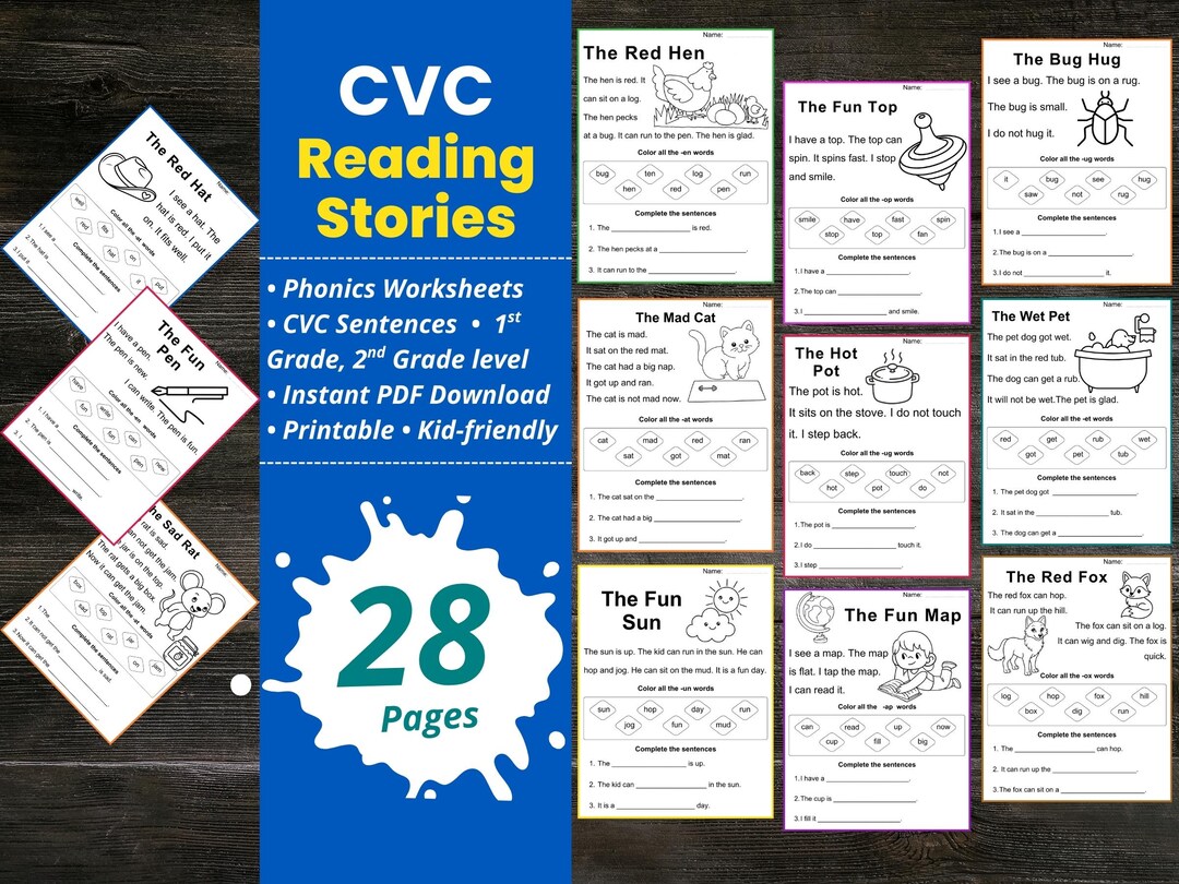 CVC Reading Stories, Phonics Worksheets for Kindergarten, First Grade ...