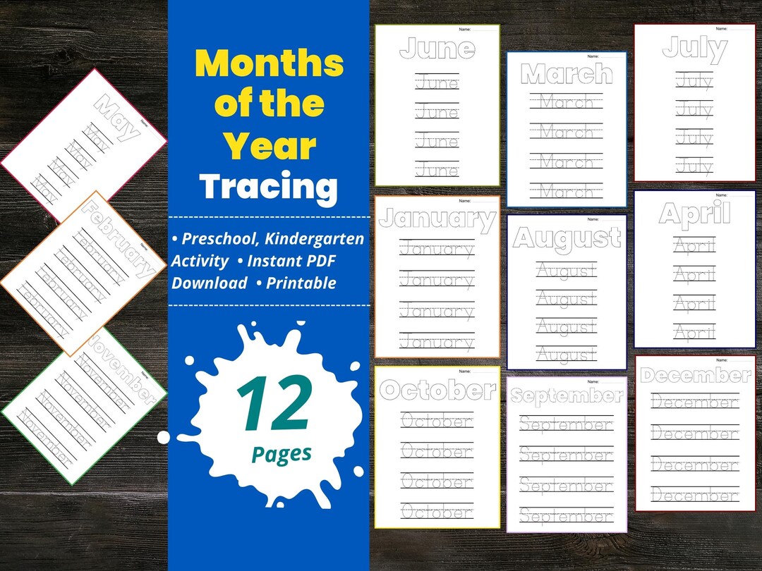 Printable Months of the Year Tracing Worksheet, Preschool Kindergarten ...