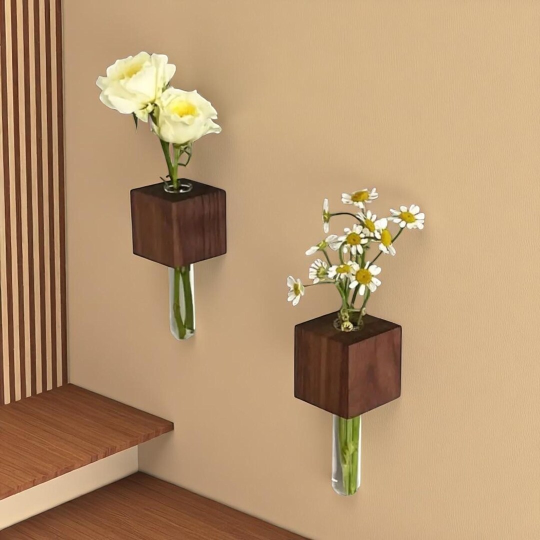 Magnetic Fridge Vase \ Wooden Bud Vase With Plastic Tube \ Home Kitchen ...