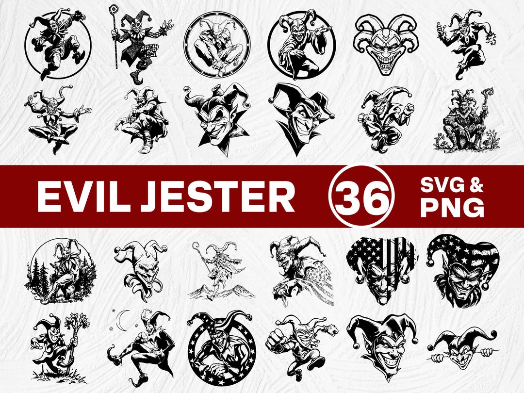 Evil Jester Silhouette SVG PNG Bundle, Horror Clown Clipart Vector ...