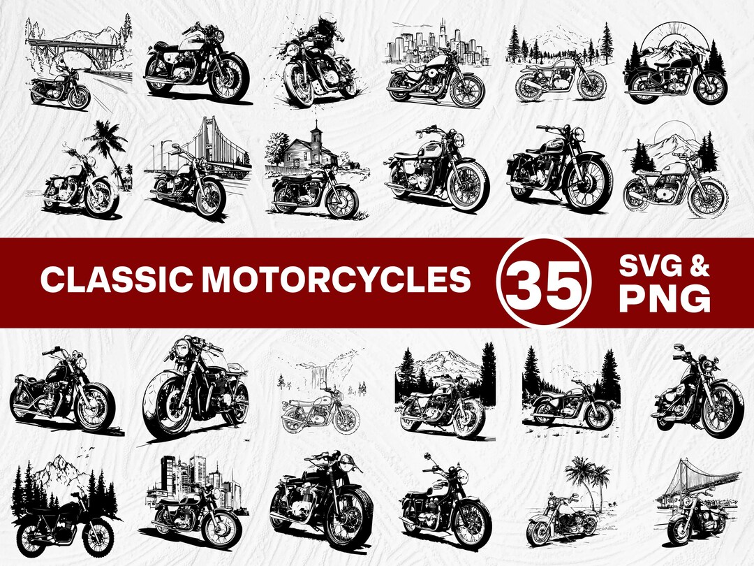 Classic Motorcycles Silhouette SVG PNG Bundle, Vintage Bike Clipart ...