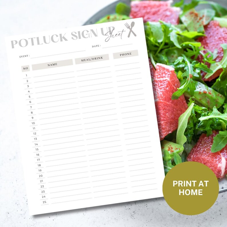 Printable Potluck Sign‑up Sheet PDF Minimalist Party Planner Template ...