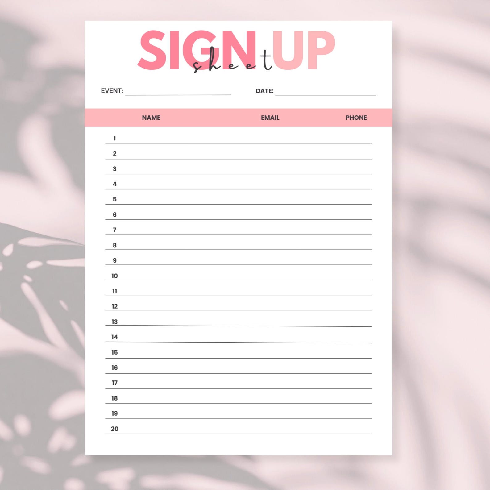 Printable Sign up Sheet: Party Church Office Planning (PDF Download ...