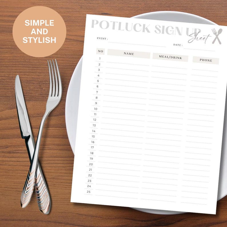 Printable Potluck Sign‑up Sheet PDF Minimalist Party Planner Template ...