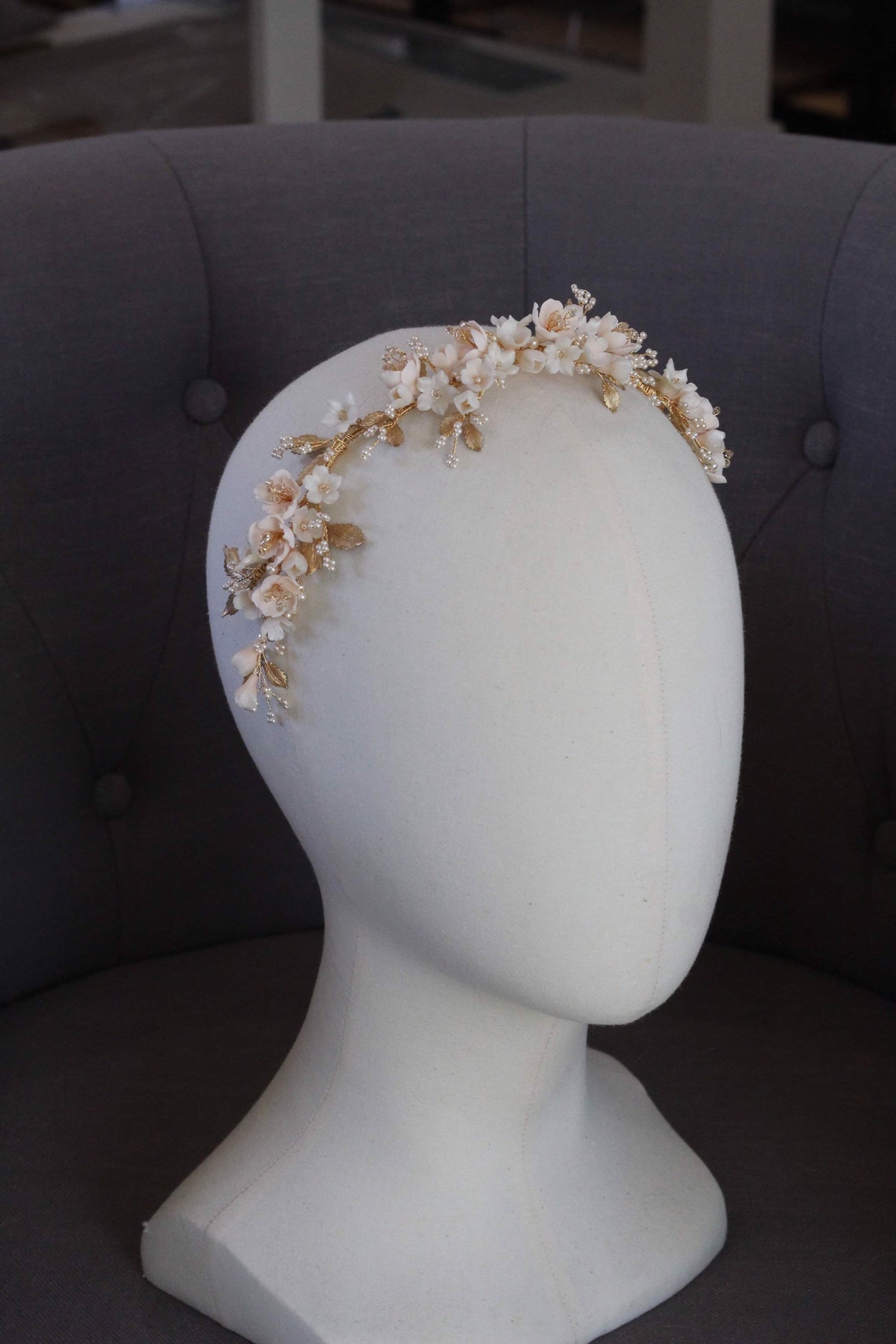 Floral Wedding Headband | Ivory Blush Clay Flowers, Golden Leaves - Etsy