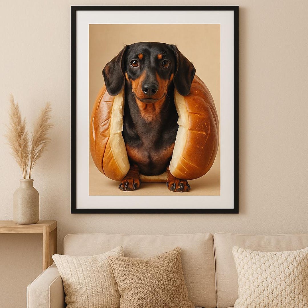 Sausage Dog Print | Dachshund in Bun Whimsical Wall Art (digital ...