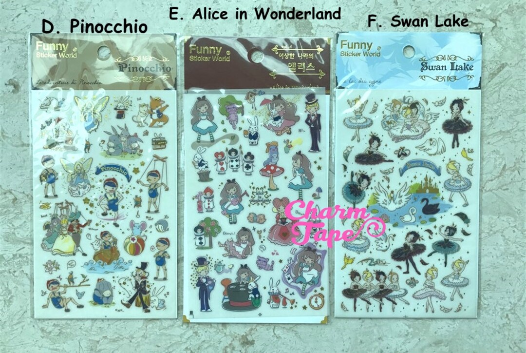 Fairy Tale Gold Foil Stickers Pinocchio, Alice in Wonderland, Swan Lake ...