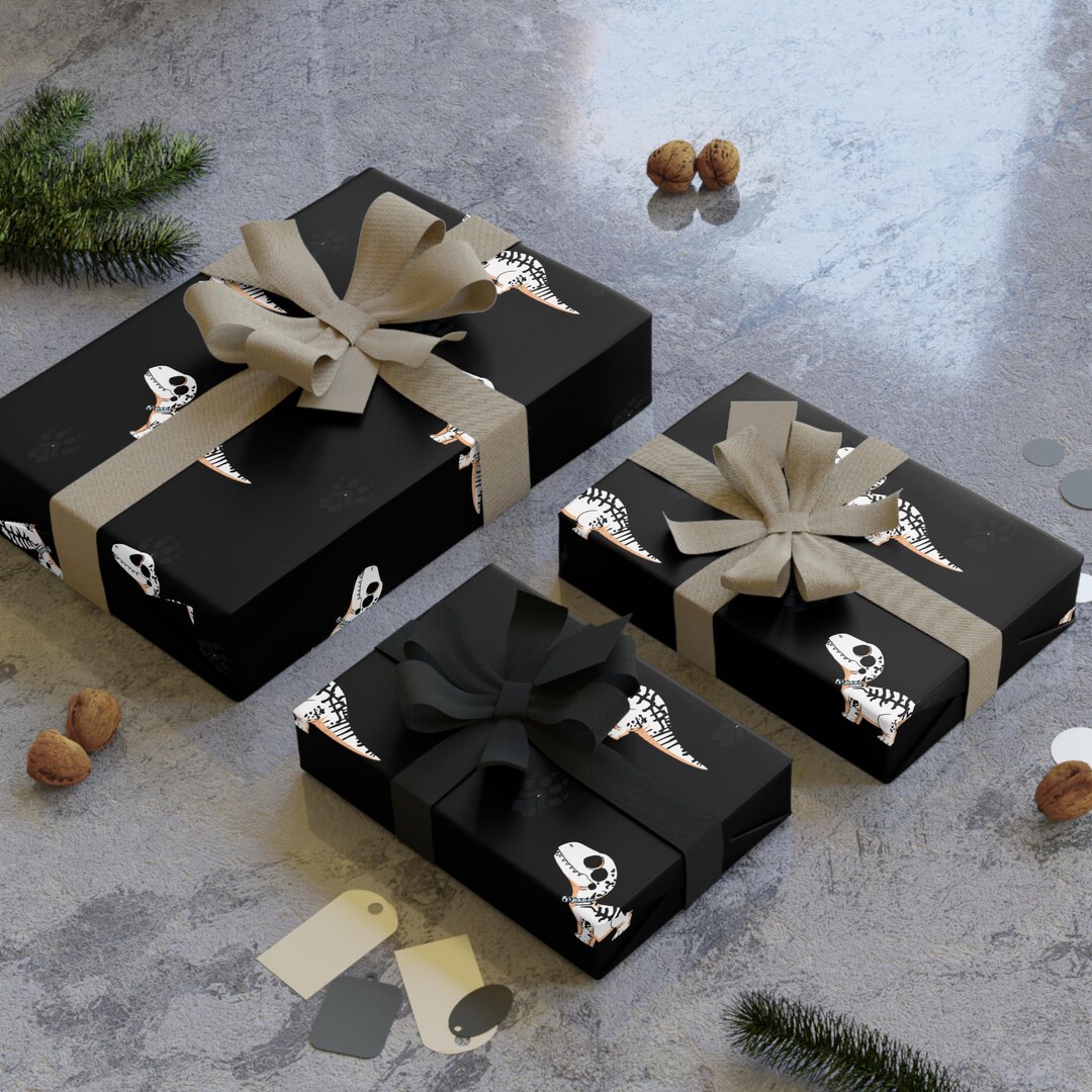Dino Bones Gift Wrap - Black Skeleton Dinosaur Wrapping Paper - Etsy