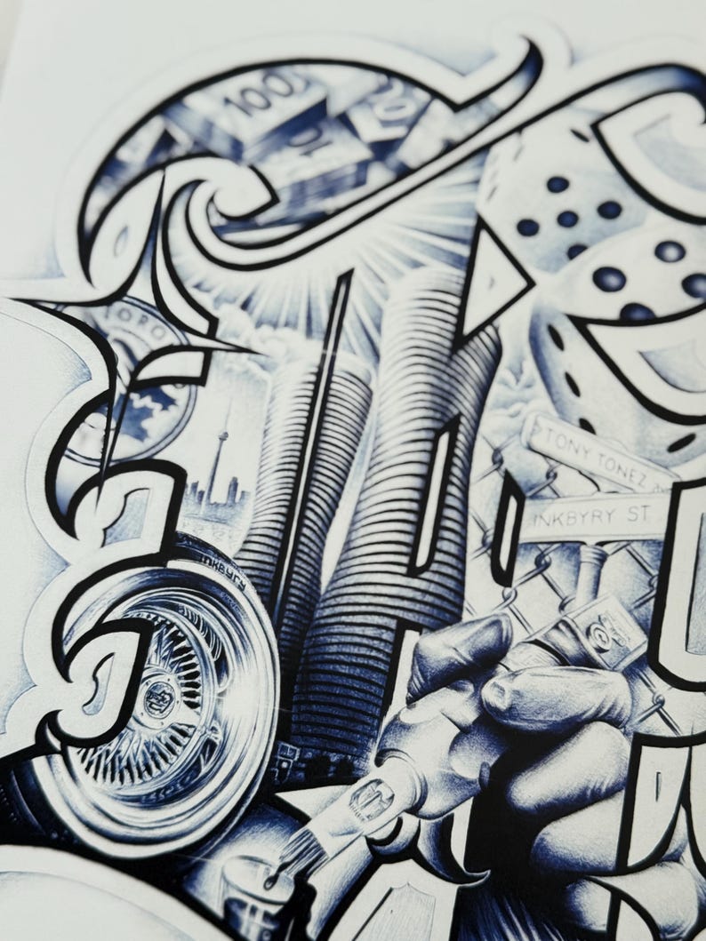 R - Pen Drawing Blue Ink Print - Tattoo Chicano Style - Etsy