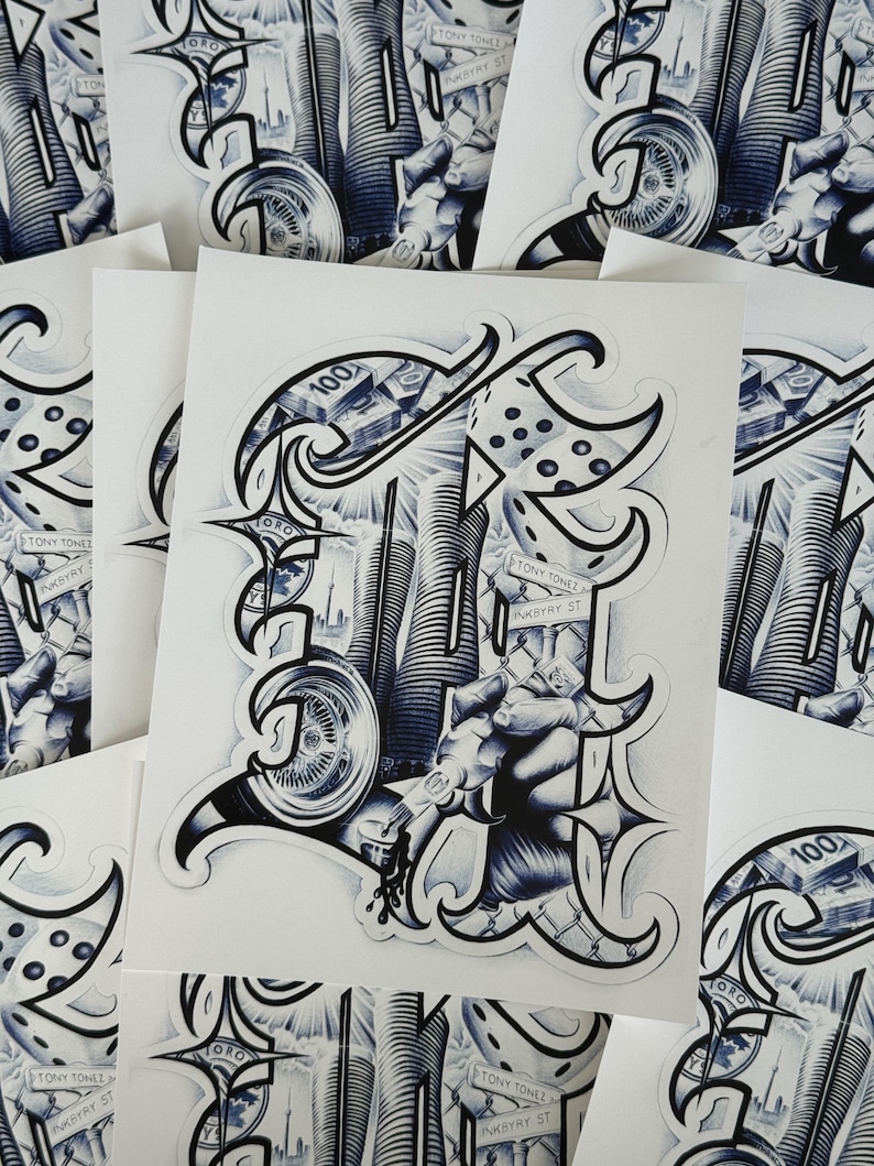 R - Pen Drawing Blue Ink Print - Tattoo Chicano Style - Etsy