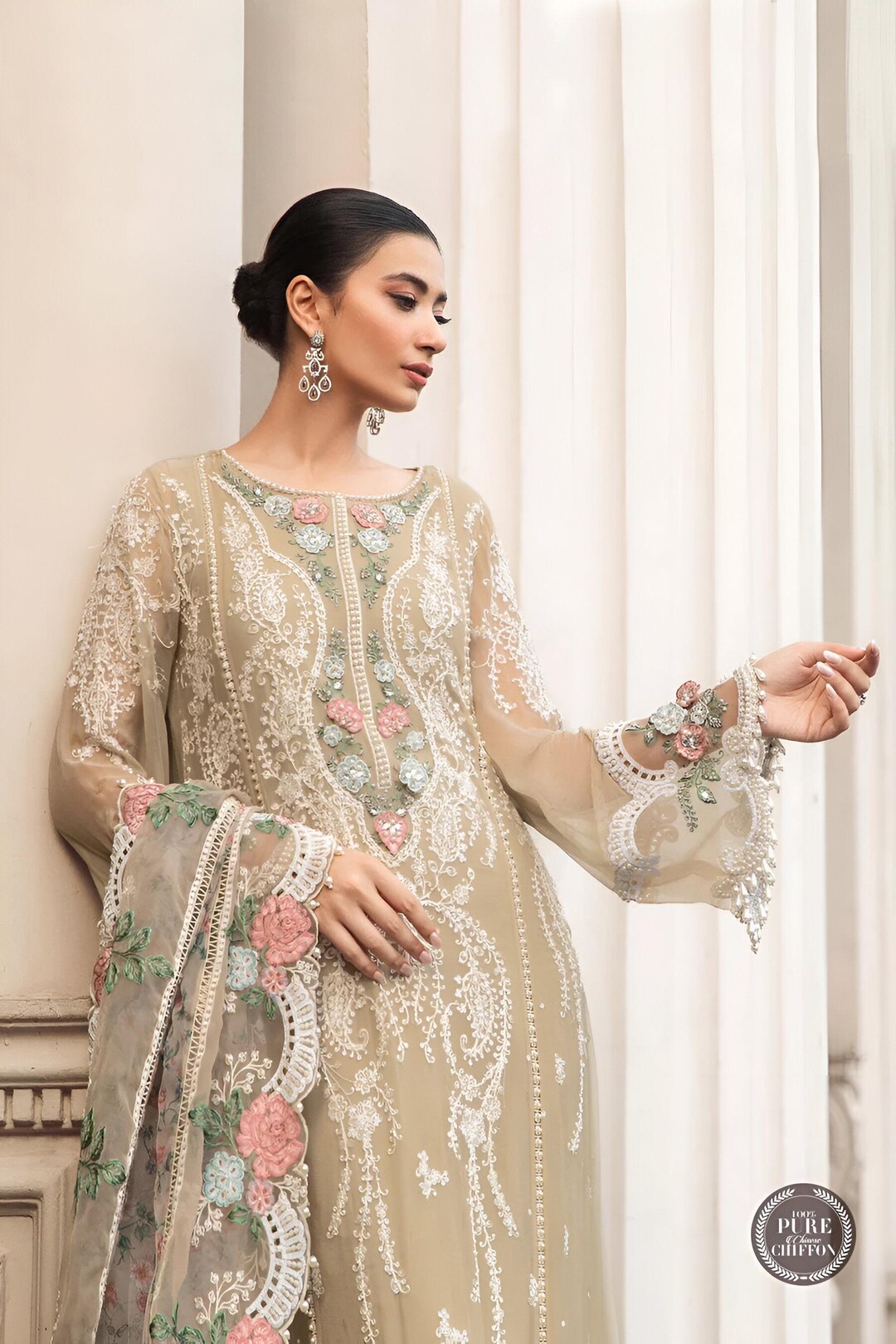 Embroidered Chiffon Pakistani Dress: 3D Flowers, Pearl Work - Etsy