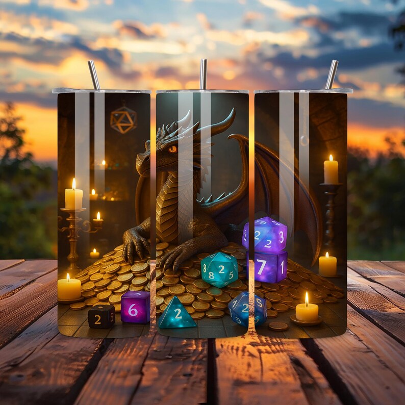 Dnd Dragon Hoard Tumbler Wrap PNG | 3D Dice & Gold for RPG Fans | 20oz ...
