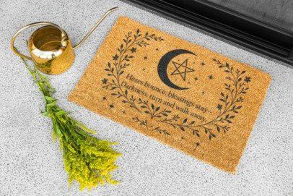 Witchy Coir Doormat: Crescent Moon Pentagram - Hexes Bounce - Etsy