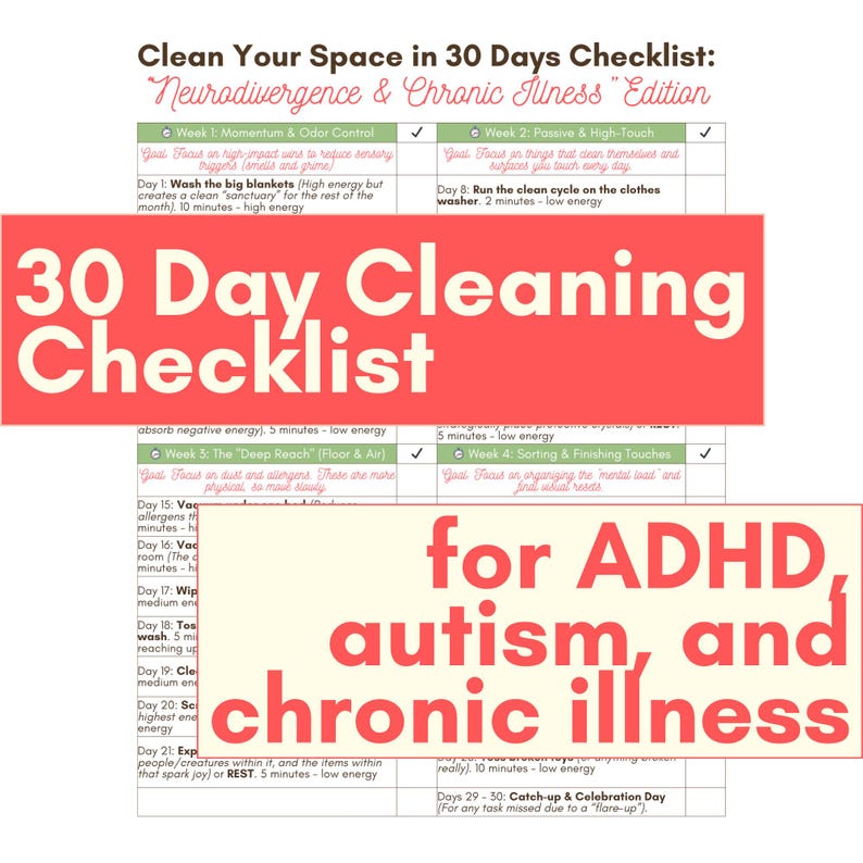 Editable 30-day Cleaning Checklist for Neurodivergent & Chronically Ill ...