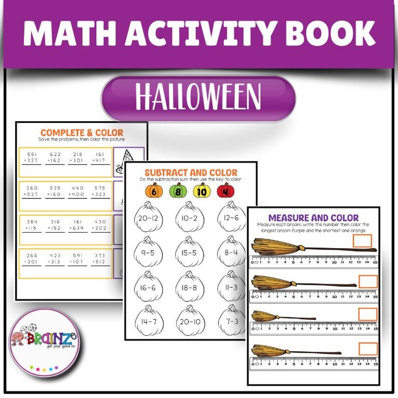 Halloween Math Activity Book: Printable Worksheets for Kids (PDF ...