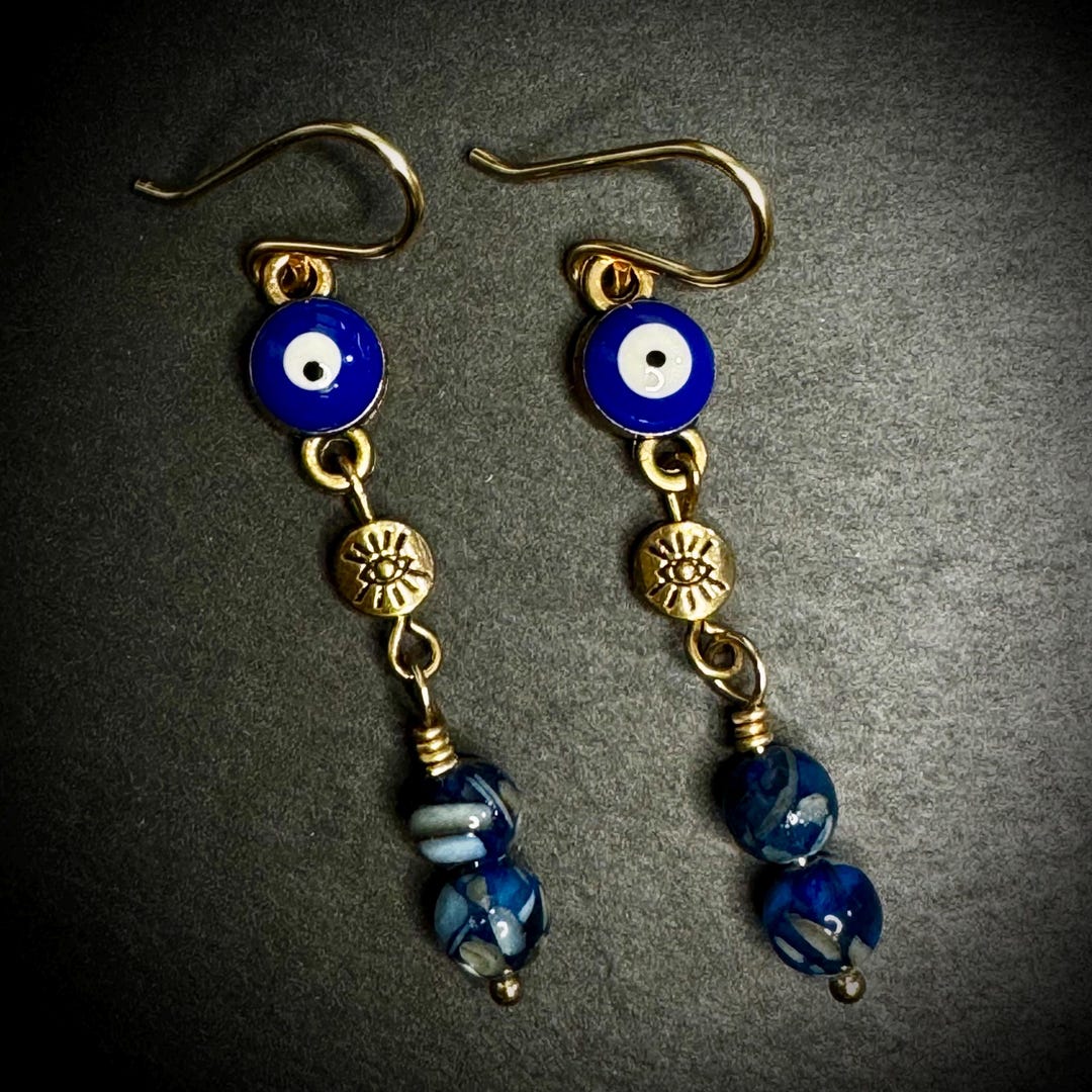 Antique Gold Metal Evil Eye and Semi Precious Shell Beads Dangle ...