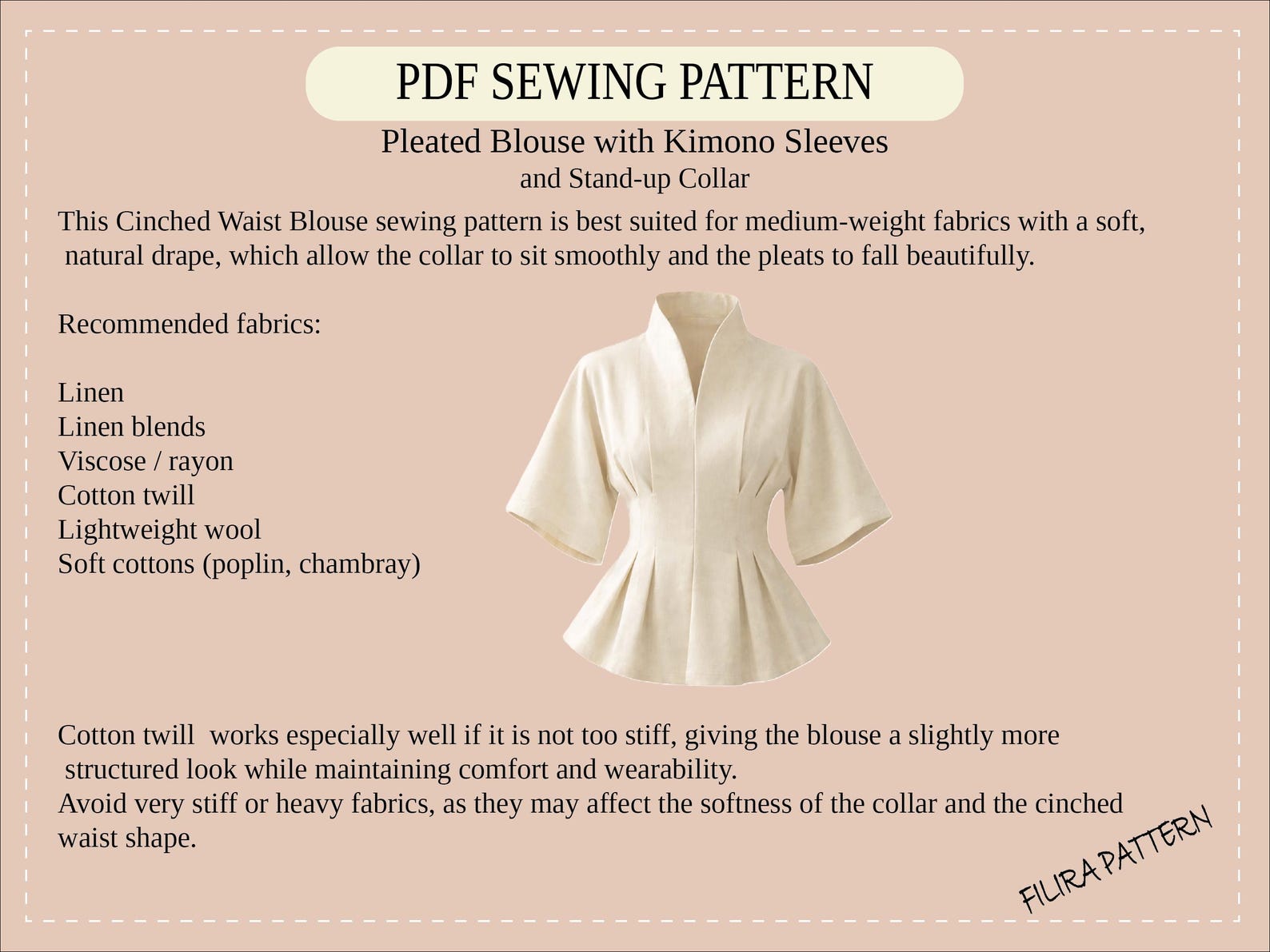 Pleated Blouse Sewing Pattern | Kimono Sleeves, Stand-up Collar (PDF ...