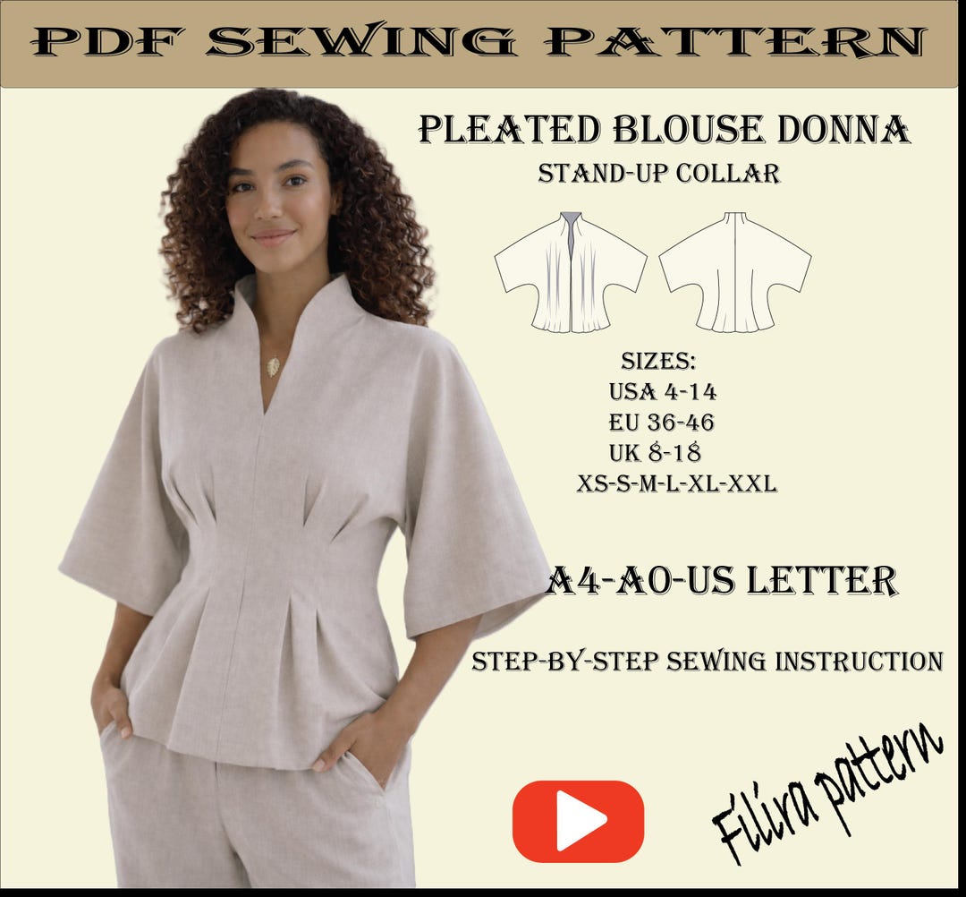 Pleated Blouse Sewing Pattern | Kimono Sleeves, Stand-up Collar (PDF ...