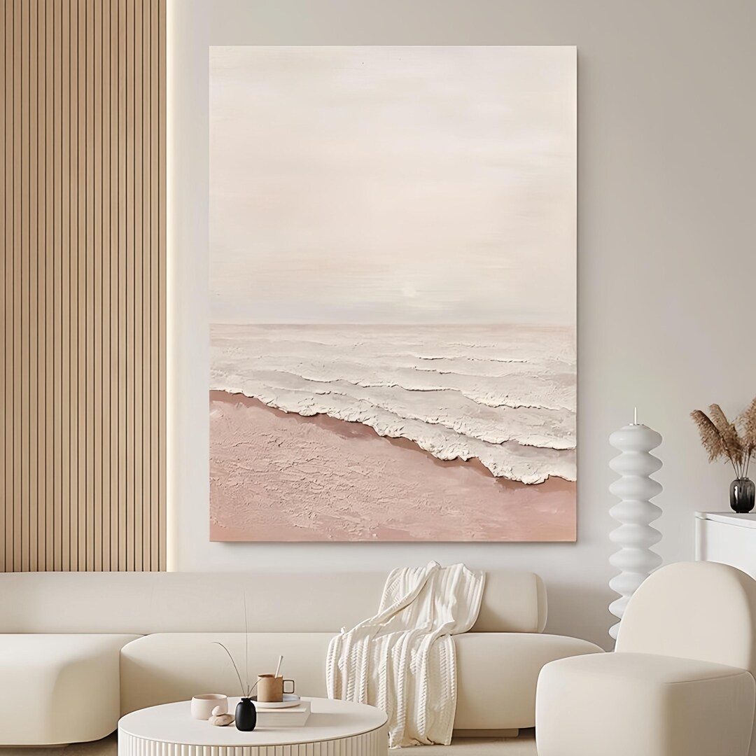 Pink Beach Painting Pink Beach Wave Wall Art Textured Canvas Hand ...