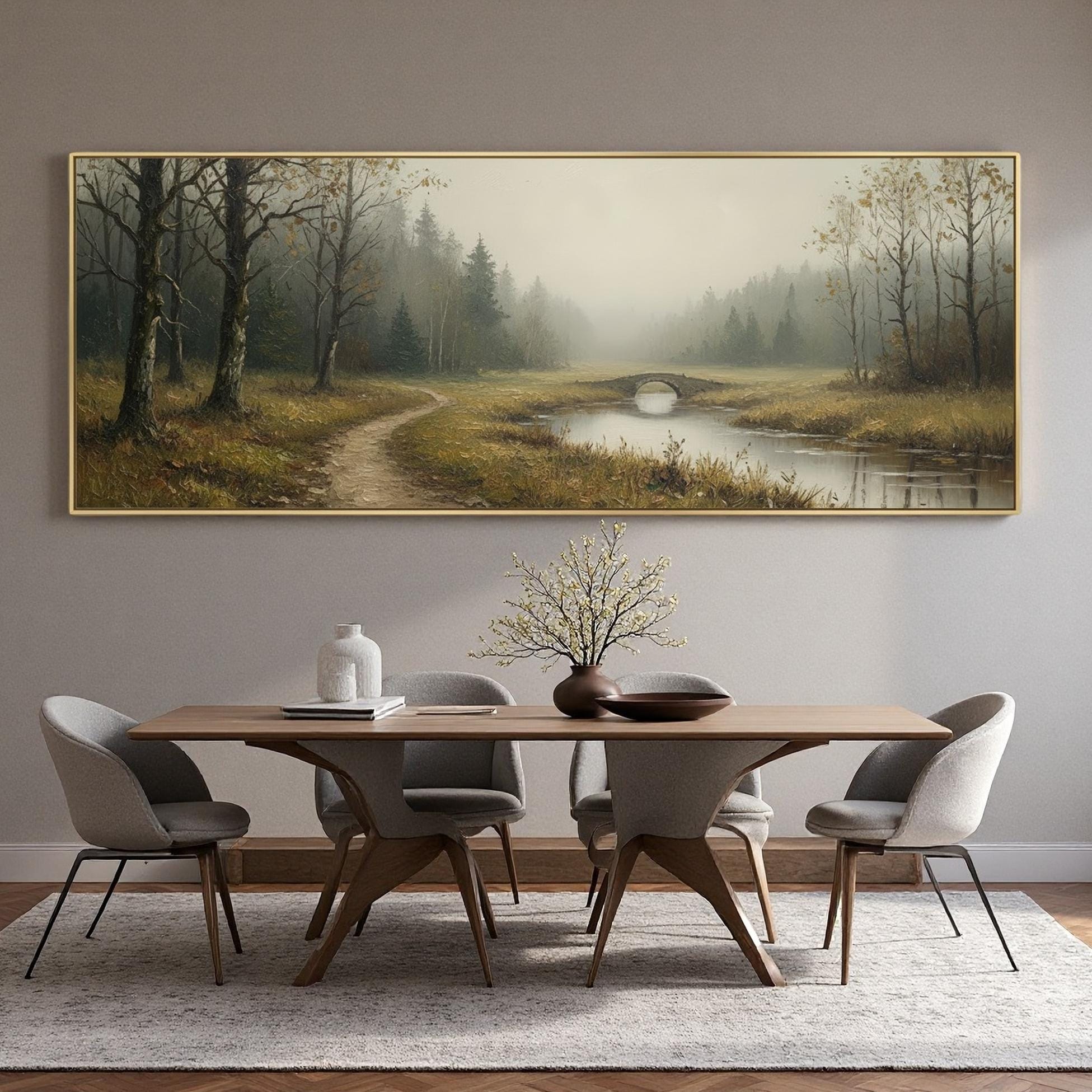 Large Panoramic Forest Landscape Painting,original Foggy Woodland ...