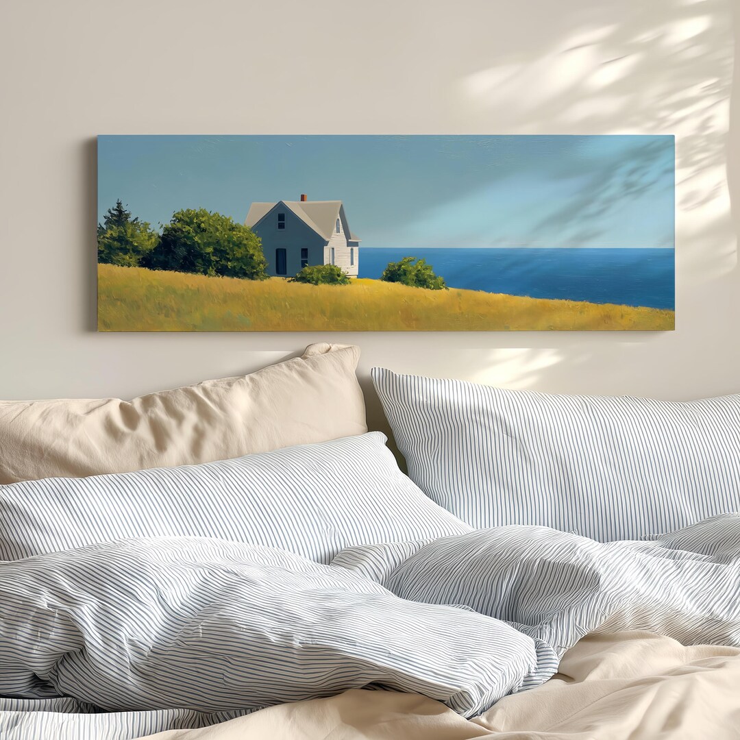 Edward Hopper Style Seascape Painting, Coastal House on Hill Canvas Art ...