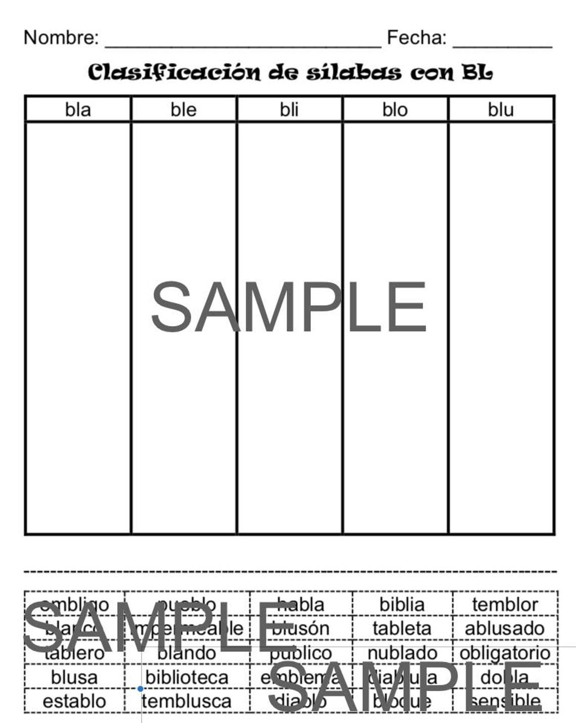 Spanish Syllable Sorting Worksheet – BL Blends (bla, Ble, Bli, Blo, Blu ...