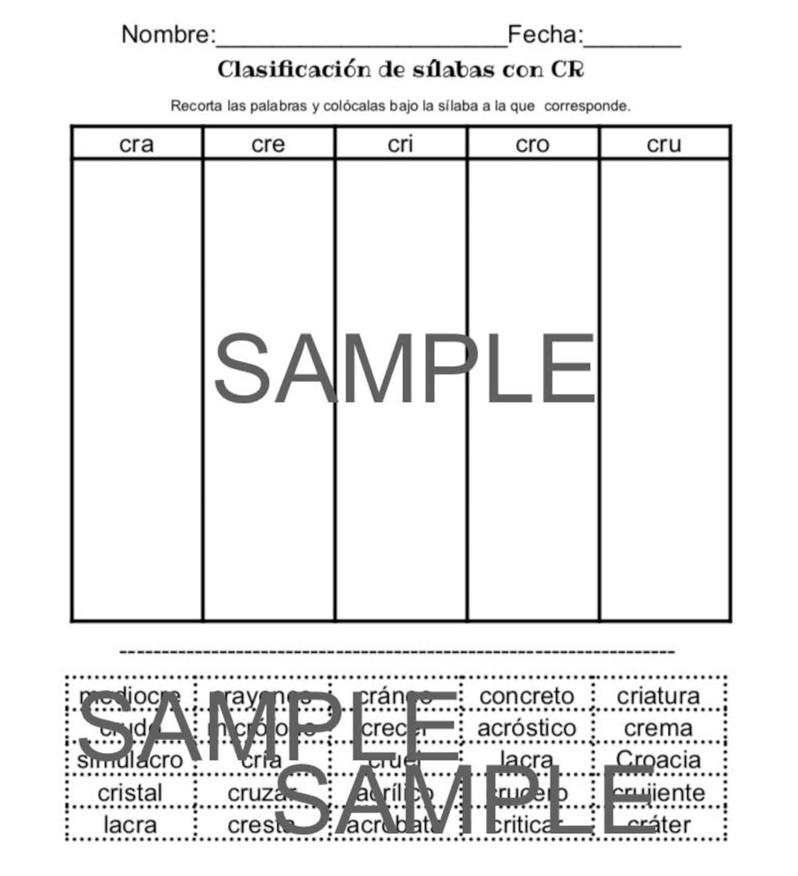 Spanish Syllable Sorting Worksheet – CR Blends (cra, Cre, Cri, Cro, Cru ...