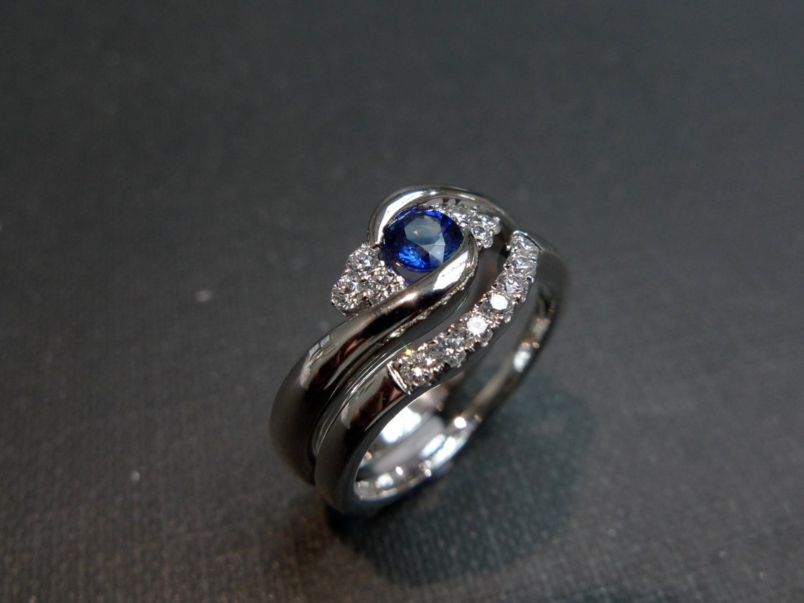 Set of TWO Rings Diamond and Blue Sapphire Engagement Ring - Etsy