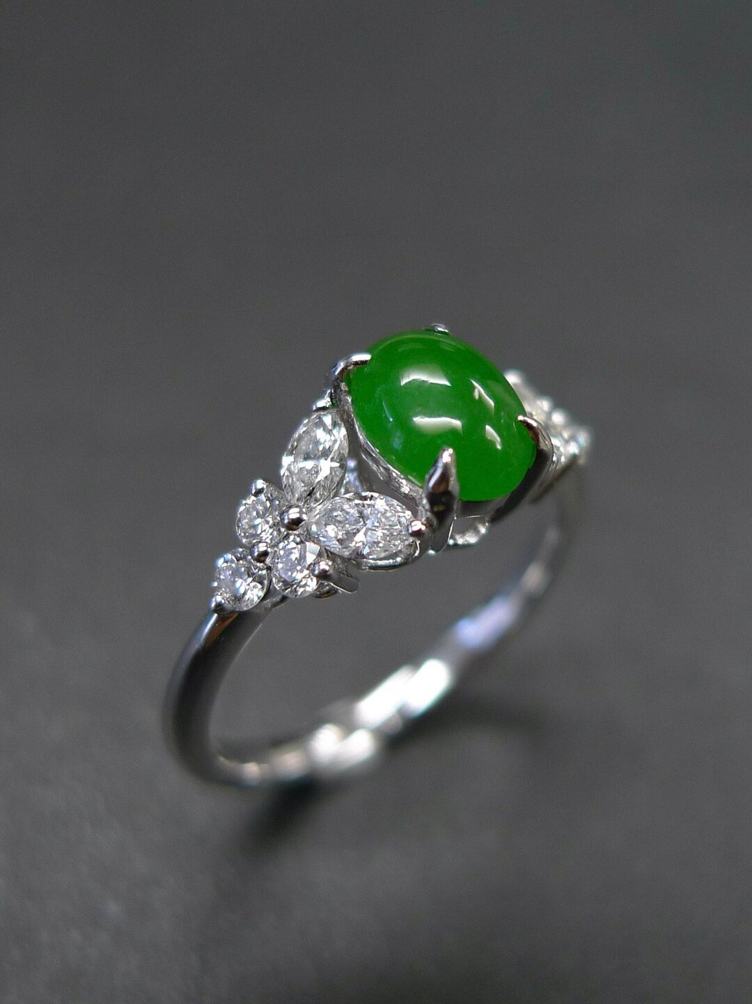 Green Jade and Marquise Diamond Ring – 14K White Gold Engagement Ring – Moissanite or Lab ...