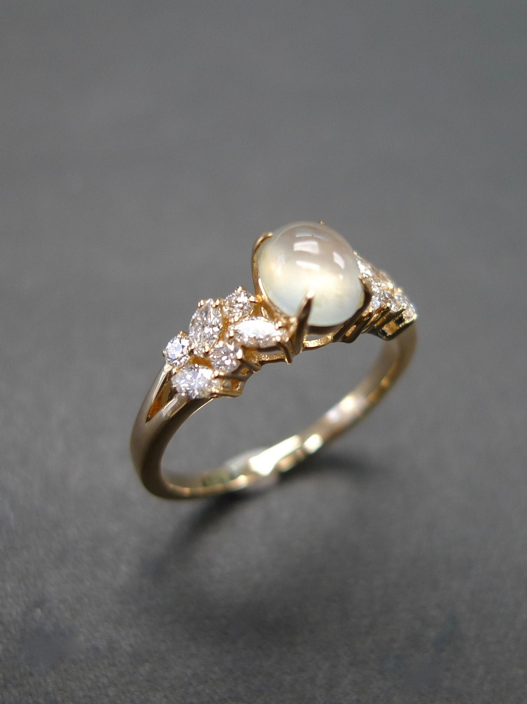 White Jade and Diamond Unique Engagement Ring, Marquise Diamond, Jade ...