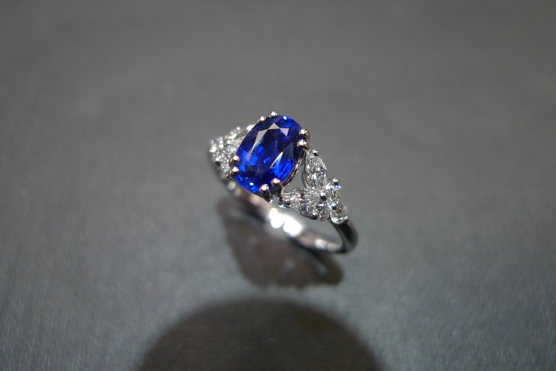 Unique Engagement Ring Natural Blue Sapphire Ring Marquise Diamond Ring ...